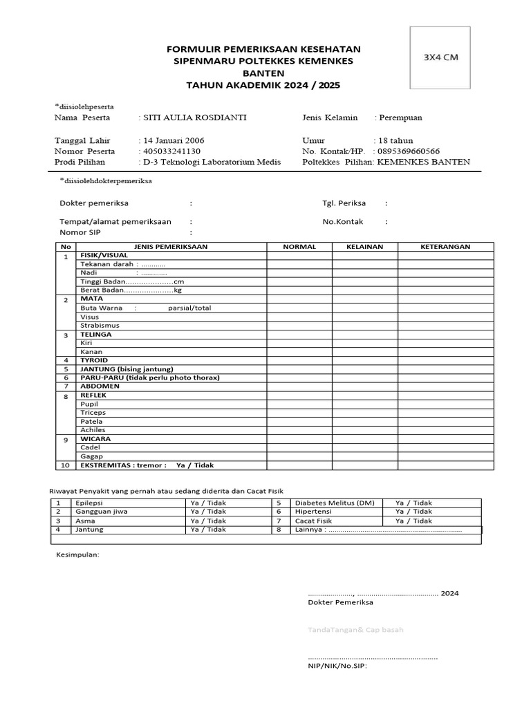 Form Uji Kesehatan Dan Surat Pernyataan PMDP 2024 | PDF