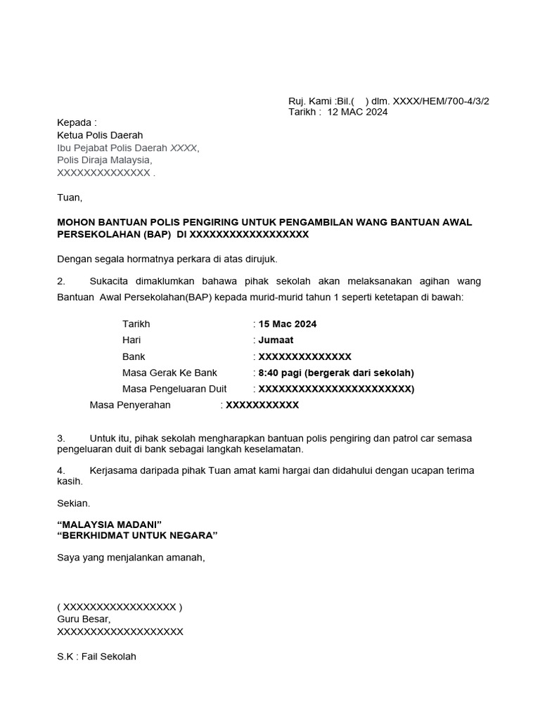 CONTOH SURAT MEMOHON Polis Pengiring | PDF