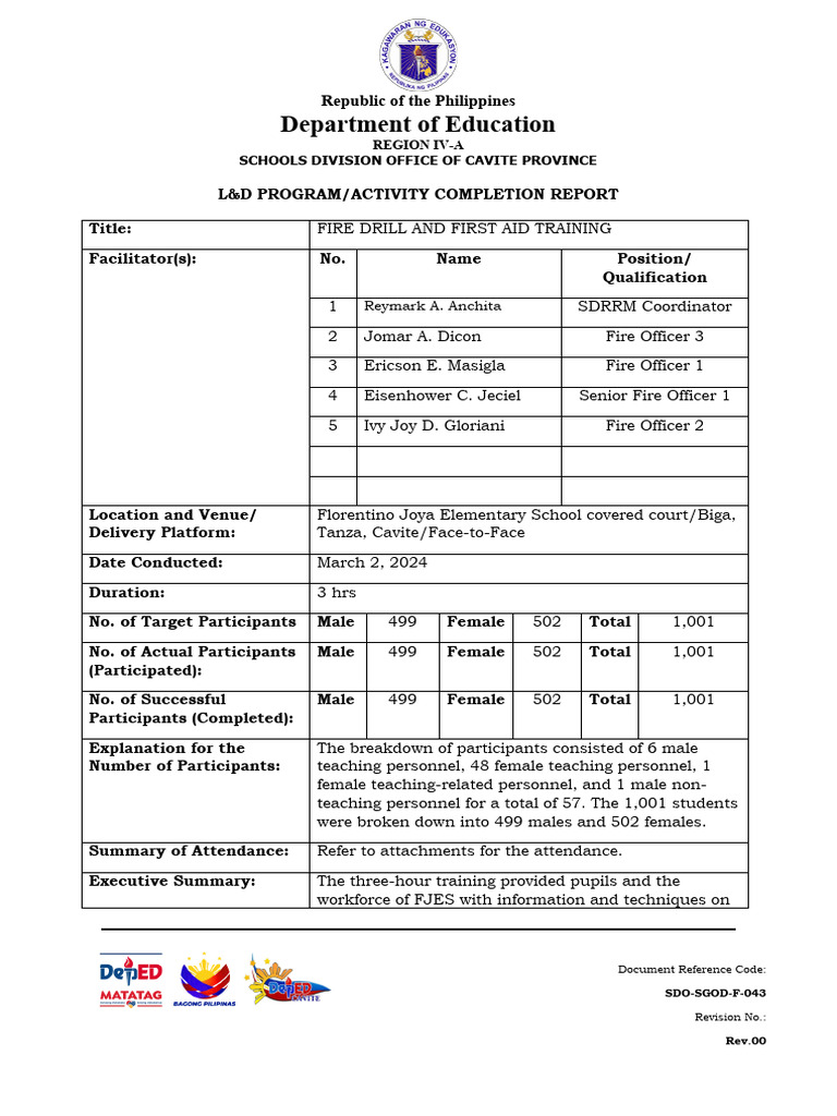 108161-Fjes-Fire-Drill-And-Safety Completion Report | PDF