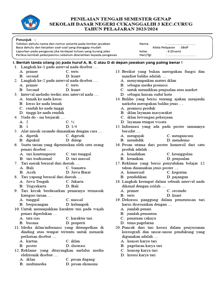 Soal Tema 6 Kelas 6 Semester 2 T.A 2022-2023 Mapel SBDP | PDF