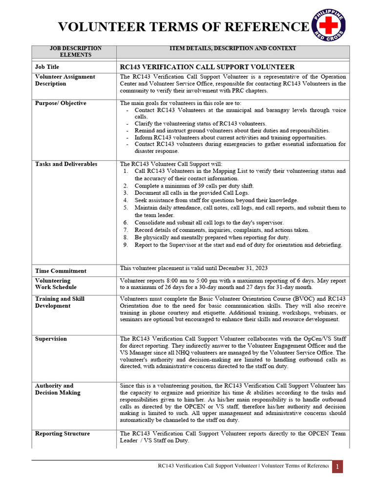 Terms of Reference - Call Veriication Volunteer Support - 2023 | PDF ...