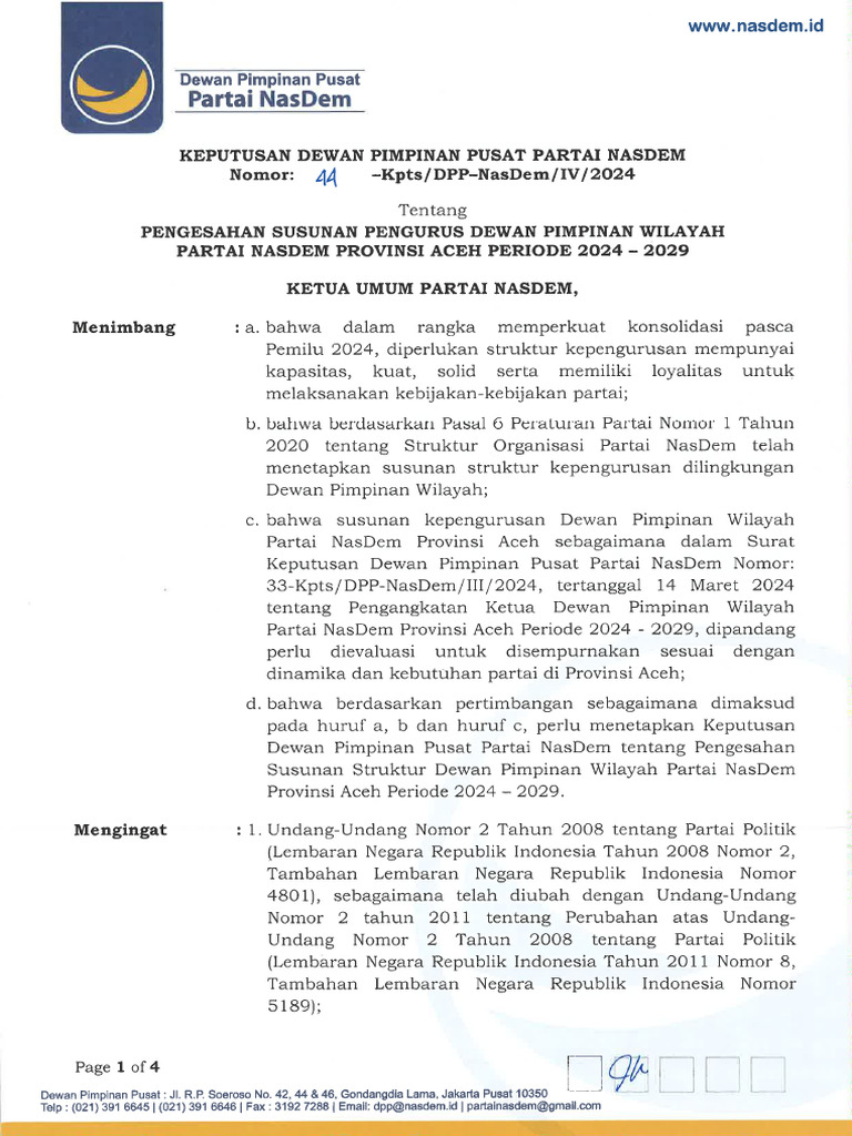 SK DPW Nasdem Provinsi Aceh 2024-2029 | PDF