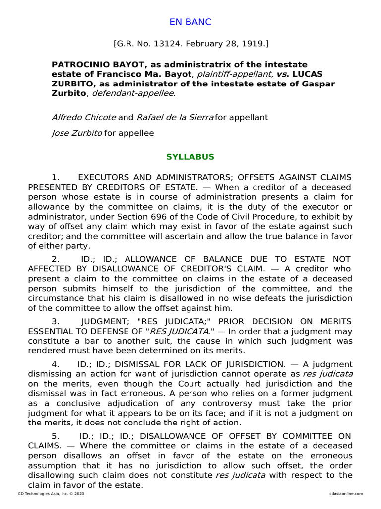 G.R. No. 13124 - Bayot v. Zurbito | PDF | Judgment (Law) | Lawsuit