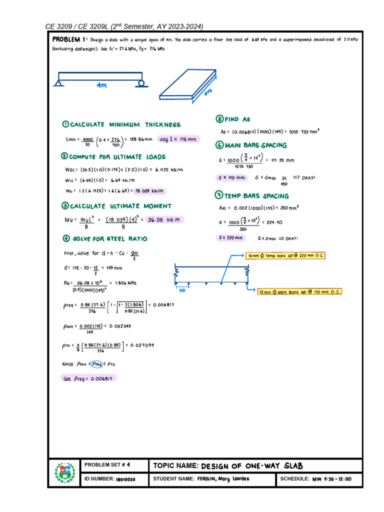 One-Way Slab Design Problem Set | PDF