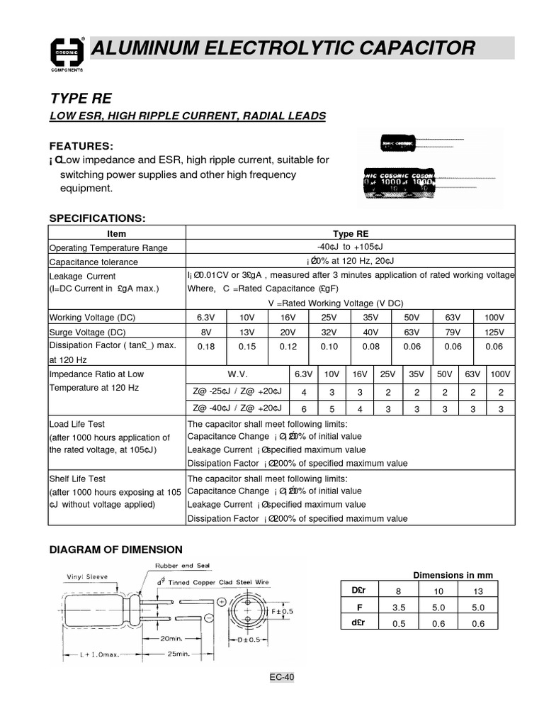 Cosonic (Radial Thru-Hole) RE Series | Download Free PDF | Capacitor | Electronics