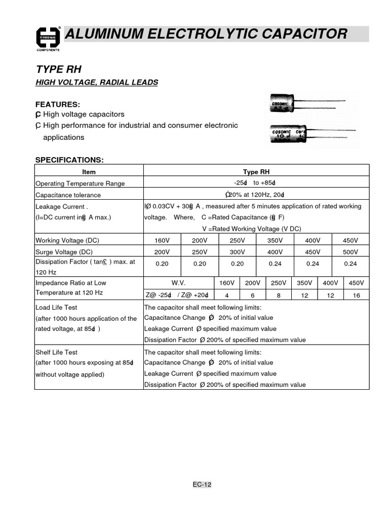 Cosonic (Radial Thru-Hole) RH Series | PDF | Capacitor | Electrical Engineering