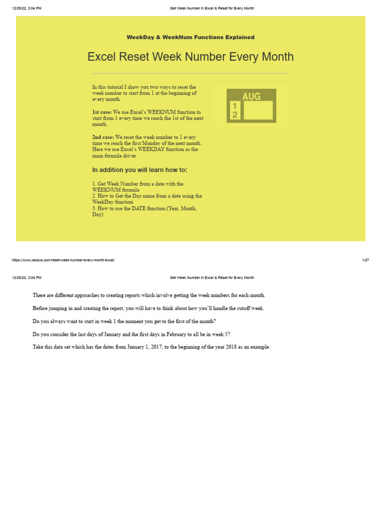 Get Week Number in Excel & Reset For Every Month | PDF | Workweek And Weekend | Microsoft Excel