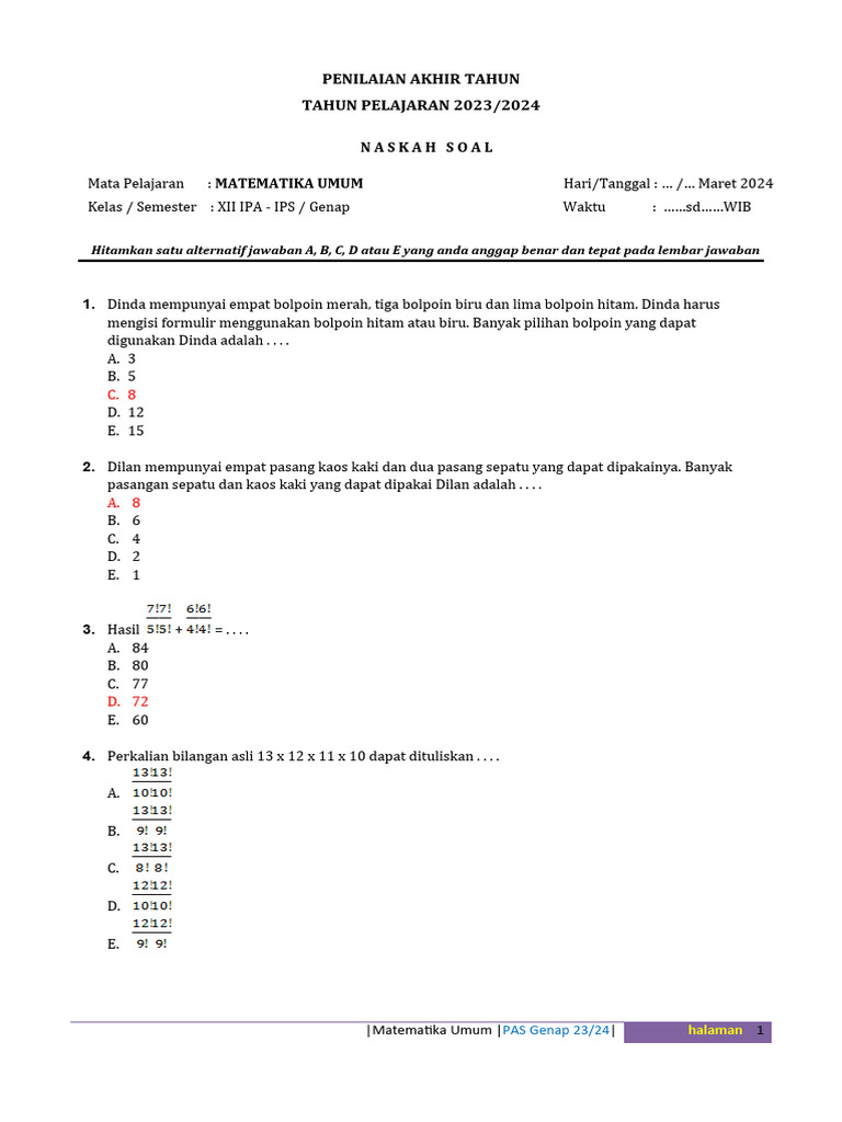 Soal Pat Xii Matematika Wajib Tahun 2024 | PDF