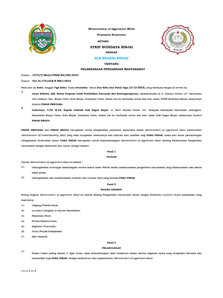 Draft MoA SLB Negeri Binjai Prodi PPKN | PDF