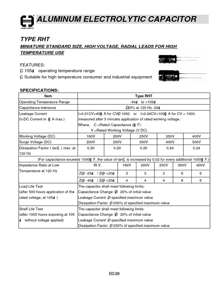 Cosonic [radial thru-hole] RHT Series | PDF | Capacitor | Electromagnetism