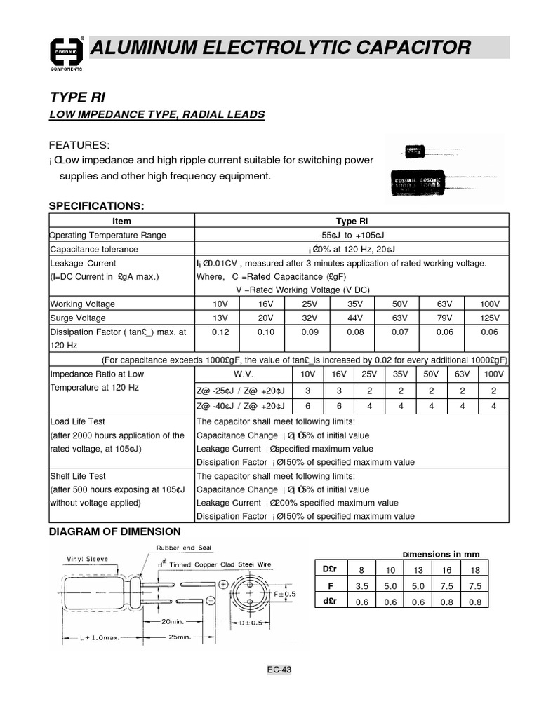 Cosonic (Radial Thru-Hole) RI Series | PDF | Capacitor | Power (Physics)