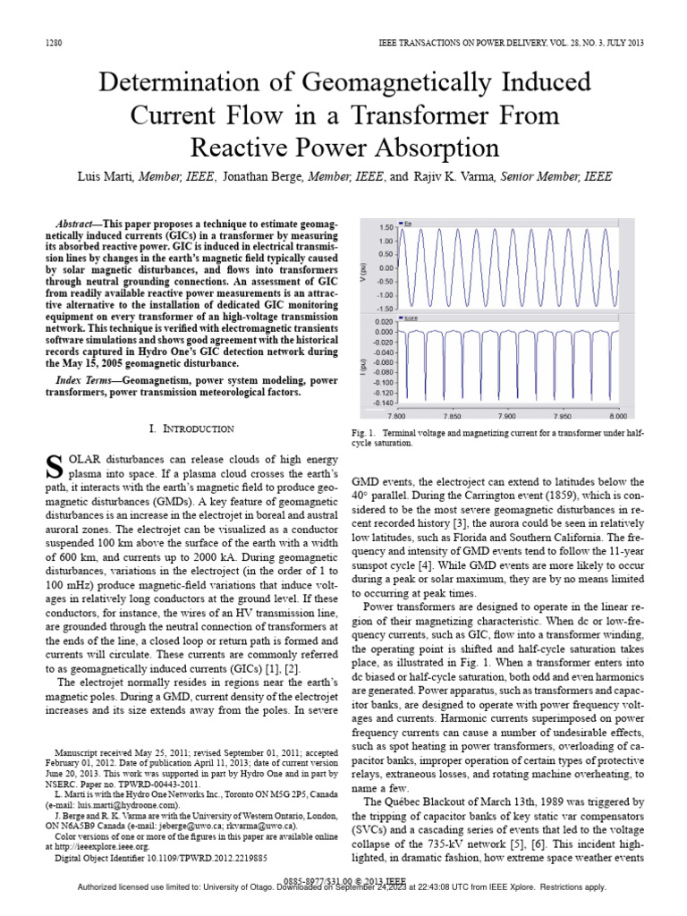 Determination Of Geomagnetically Induced Current Flow In A Transformer