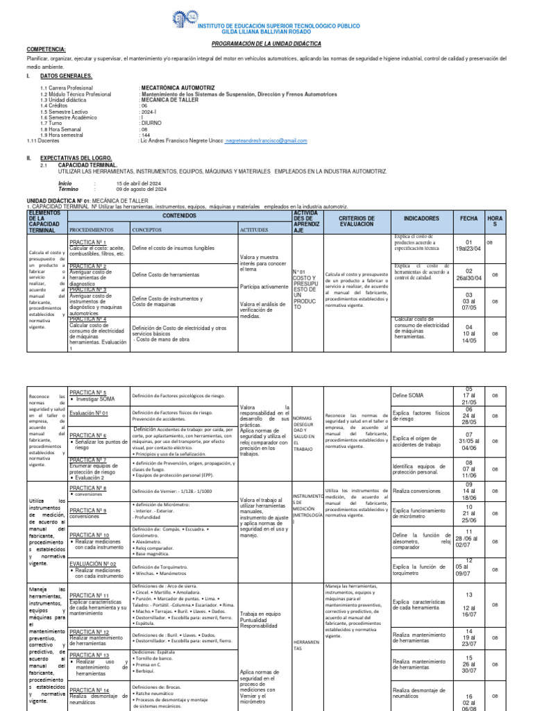 Program. Mec. Taller 2024-I | PDF | Herramientas | Medición