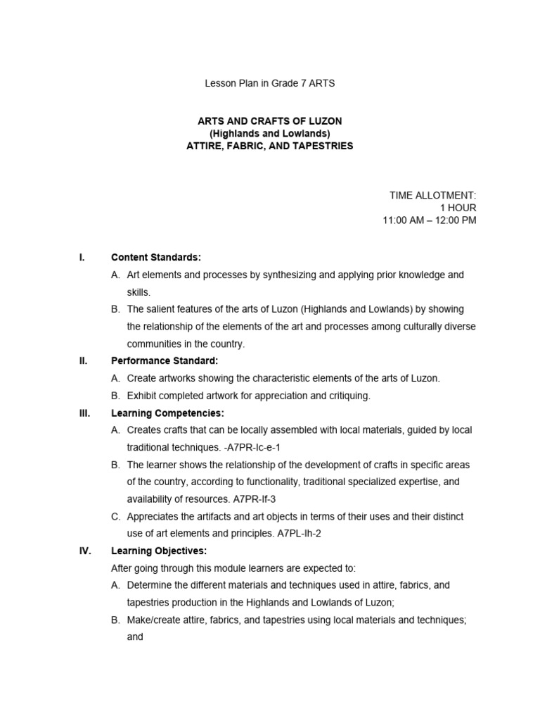 Lesson Plan in Grade 7 ARTS | Download Free PDF | Learning | Textiles
