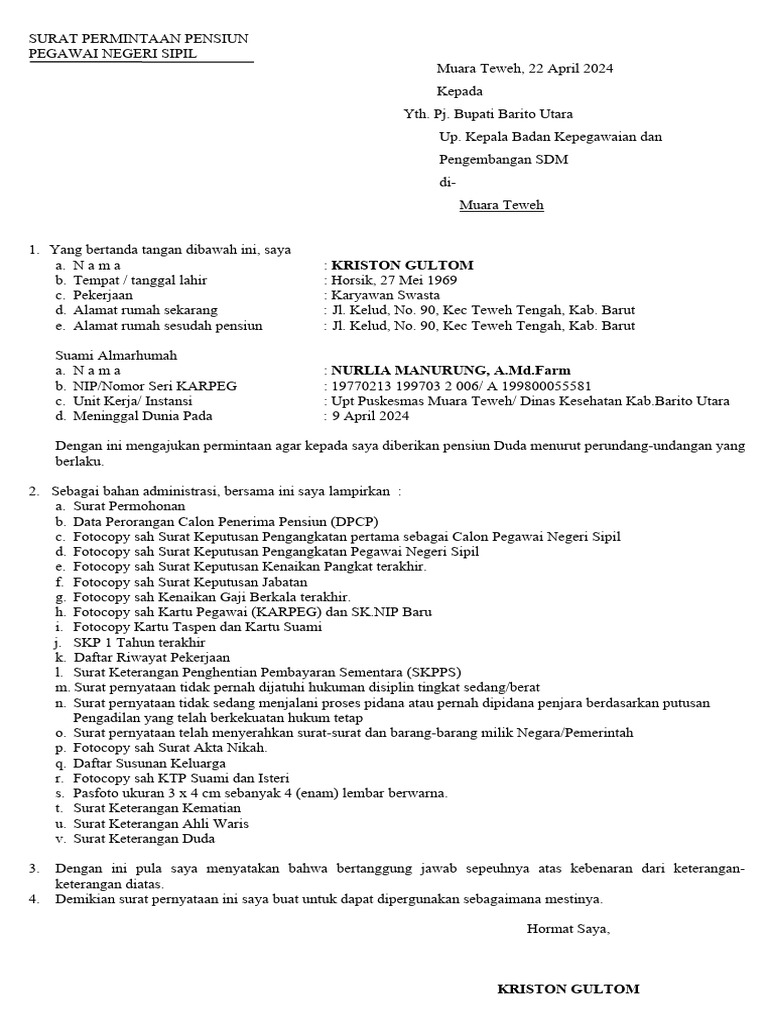 Surat Permintaan Pensiun PNS | PDF