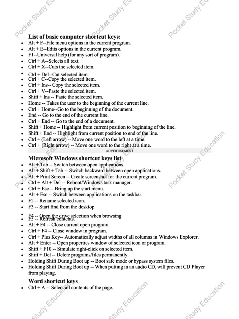 Basic Computer Shortcut Keys - by Pocket Study Education | PDF | Teaching Methods & Materials ...