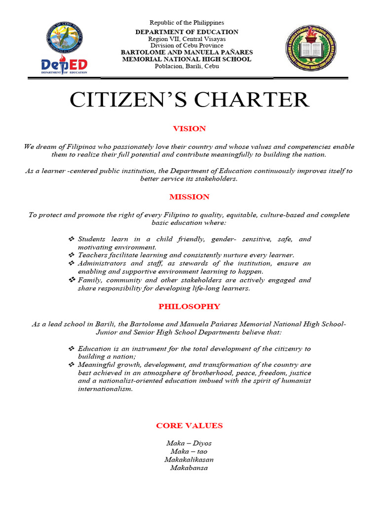 CITIZEN'S CHARTER | PDF | University And College Admission | Middle Schools