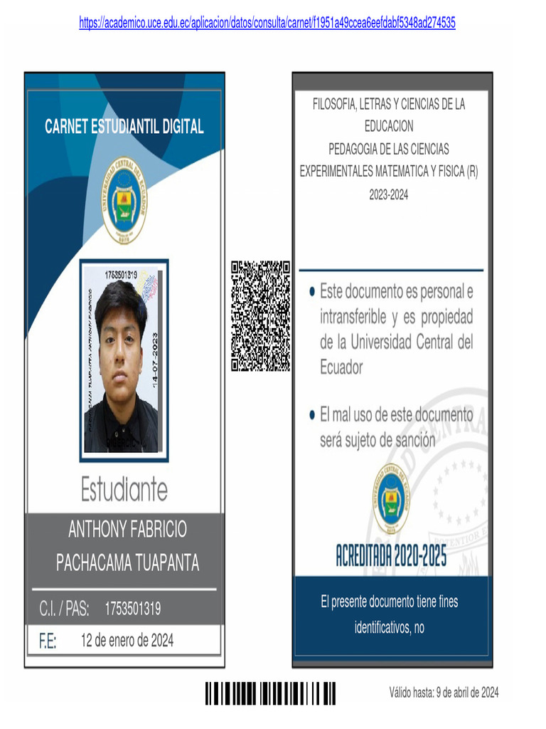 Carnet Estudiantil de Anthony Fabricio | PDF