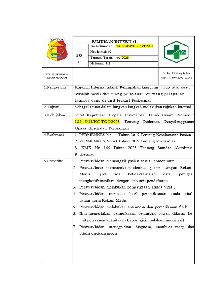 SOP RUJUKAN INTERNAL Edit | PDF