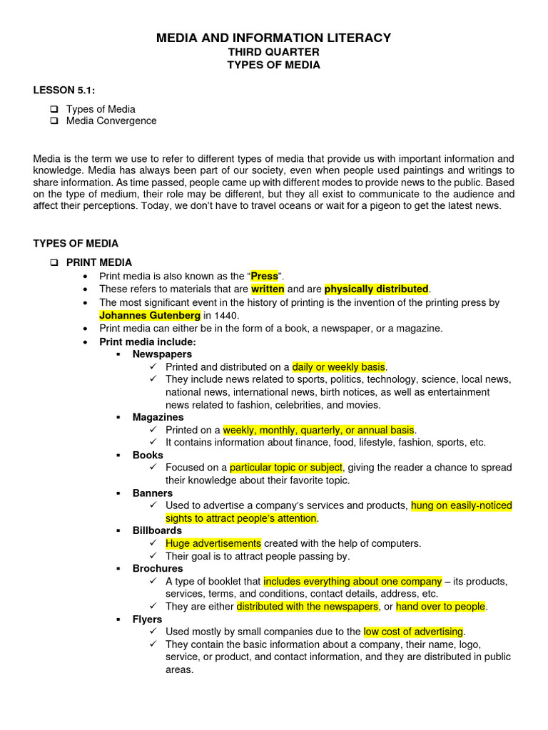 MIL Q3 Lesson 5 - Types of Media 040317 | PDF | Mass Media ...