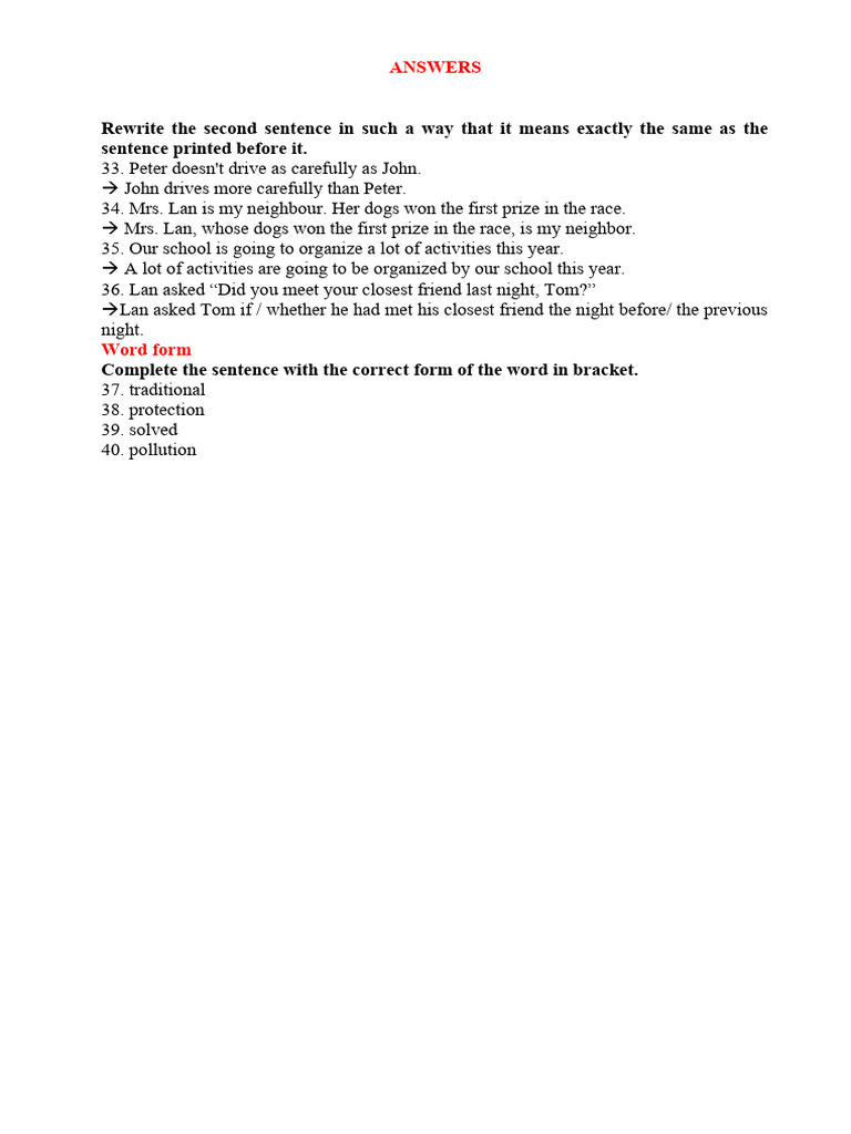 Sentence Rewriting and Word Forms Guide | PDF | Mystery, Thriller ...