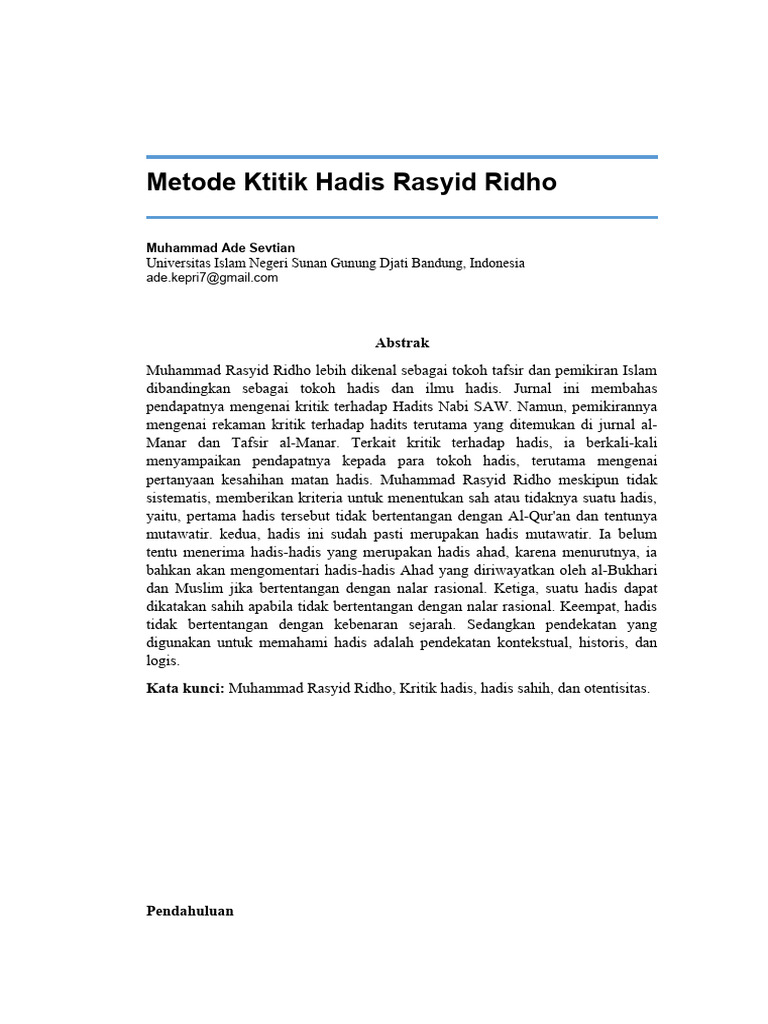 Kritik Hadis Muhammad Rasyid Ridho | PDF | Agama & Spiritualitas