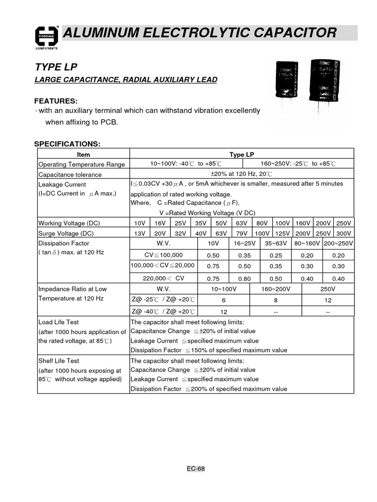 Cosonic (Snap-In) LP Series | PDF | Capacitor | Capacitance