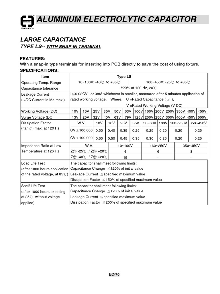 Cosonic [snap-in] LS Series | PDF | Capacitor | Electrical Equipment