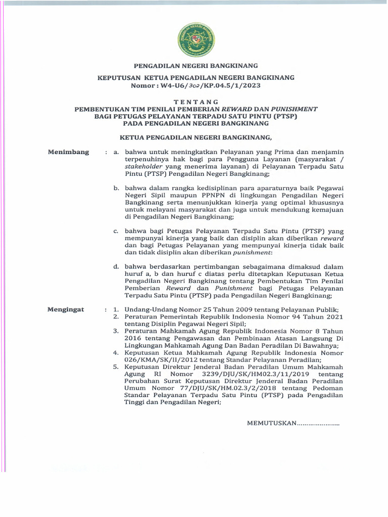 SK Pembentukan Tim Penilaian Pemberian Reward Dan Punishment Bagi PTSP | PDF