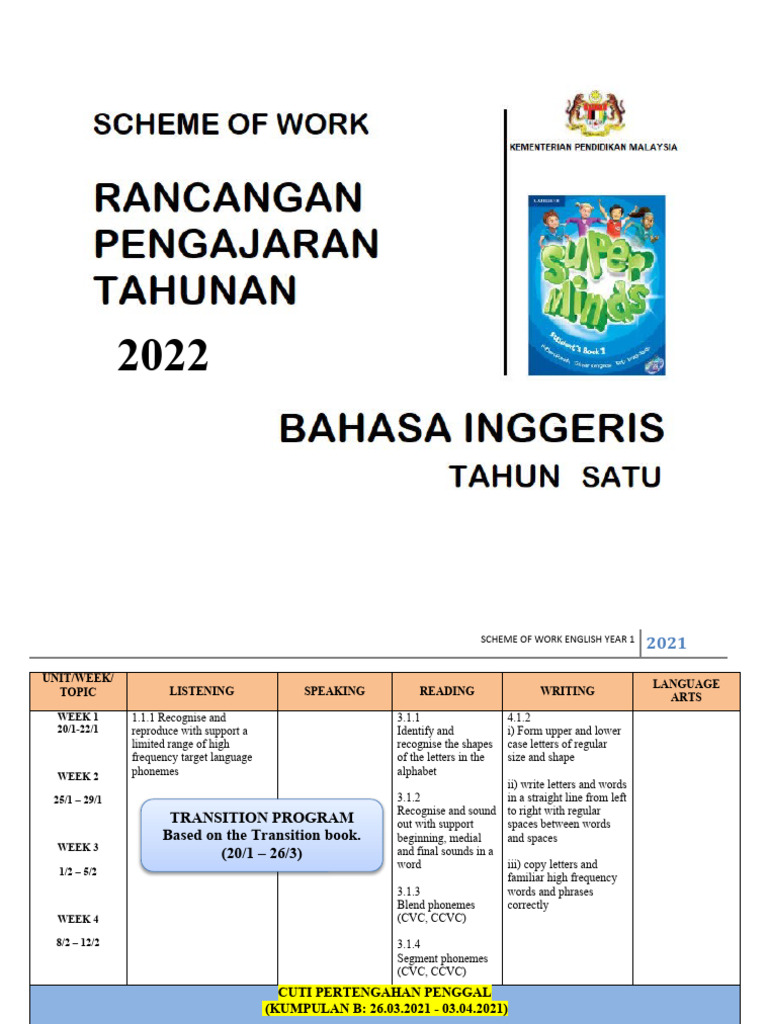 SOW ENGLISH YEAR 1 2021 | PDF | English Language | Word
