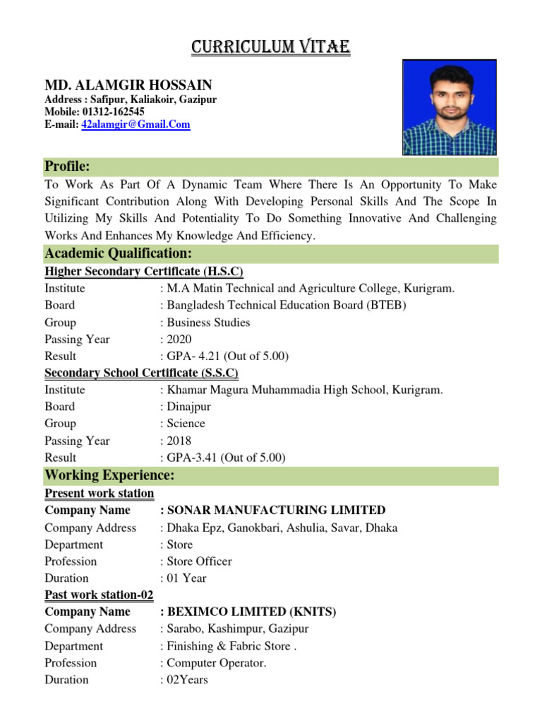 Alamgir Hossain CV 01312-162545k | PDF | Microsoft Excel | Computing