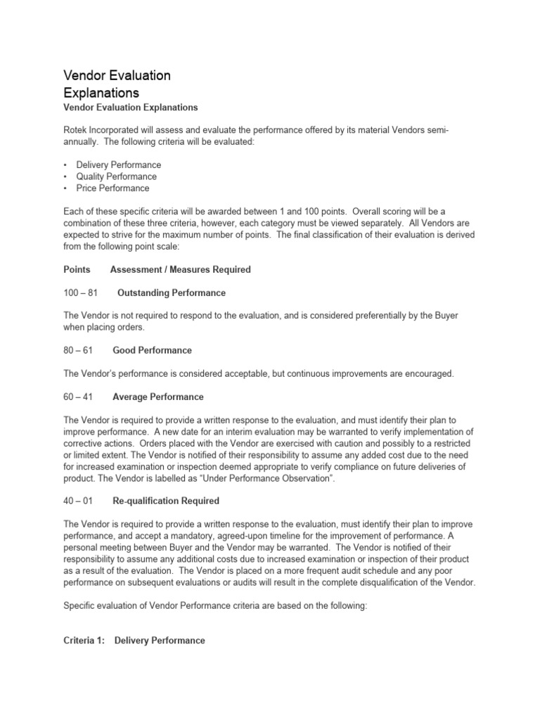 Vendor Evaluation Explanation | PDF | Prices | Evaluation