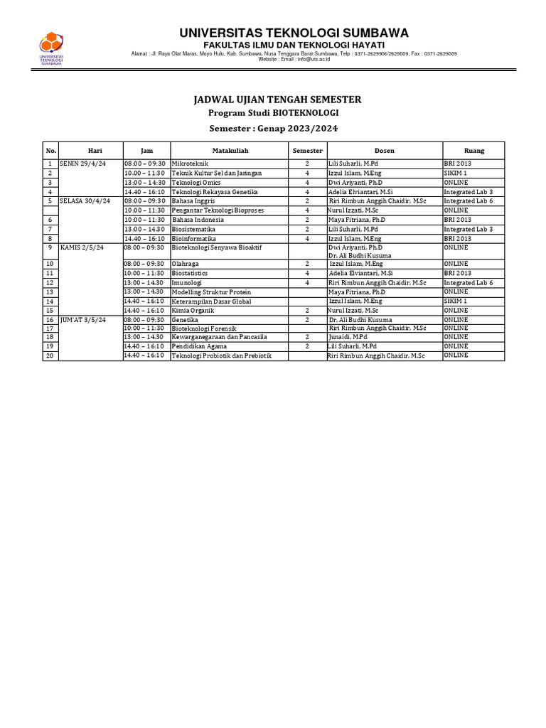 Jadwal UTS FITH Genap Tahun Akademik 2023-2024-1 | PDF