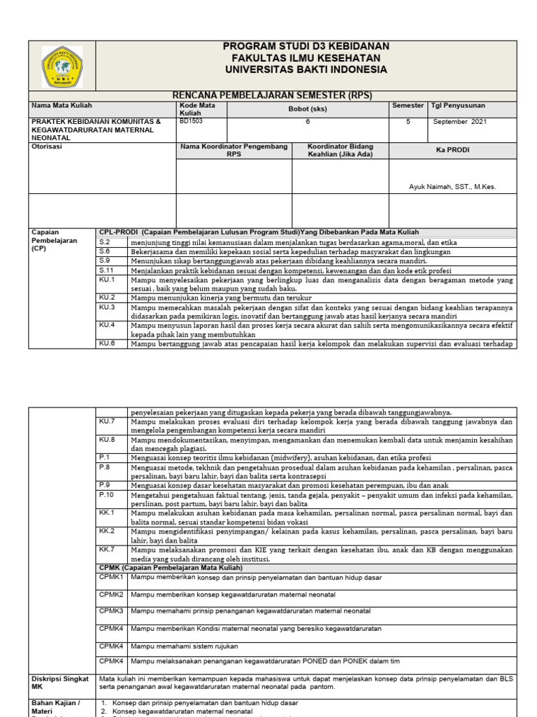 RPS Praktek Kebidanan Komunitas Gadar Mat Neo | PDF