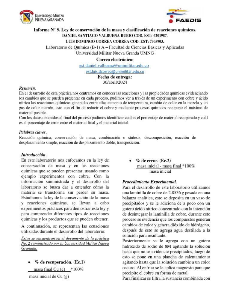 Practica No. 5-1 | PDF | Cobre | Reacciones químicas
