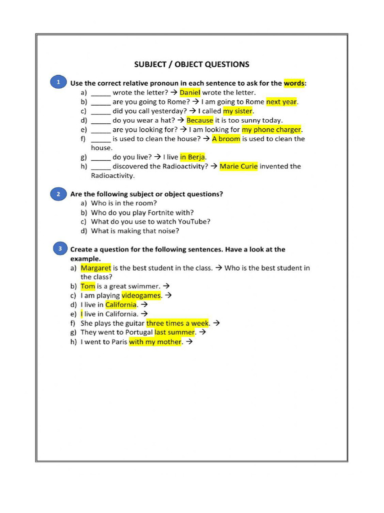 A1subject and Object Questions | PDF