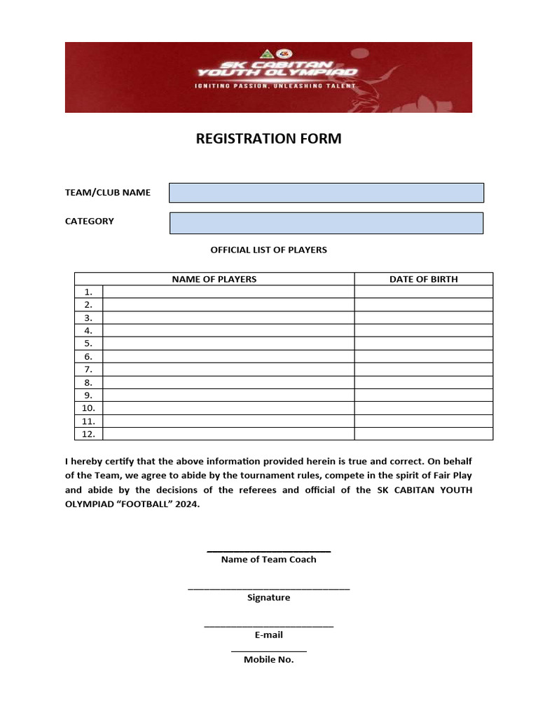 Football Registration Form | PDF | Association Football | Sports