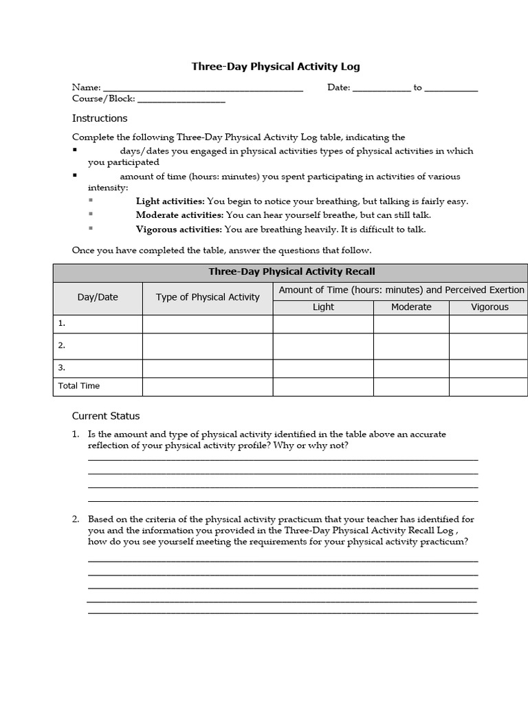 Three-Day Physical Activity Log Template | PDF | Cognition