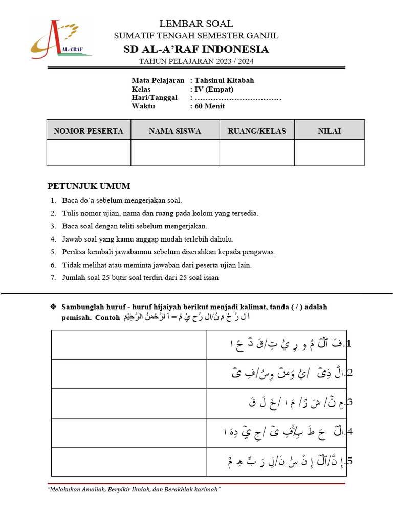 Soal Ujian Tahsinul Kitabah Kelas 4 | PDF | Metode & Bahan Ajar