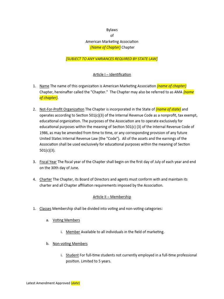 AMA Chapter Bylaws Template 2019 | PDF | 501(C) Organization | Committee