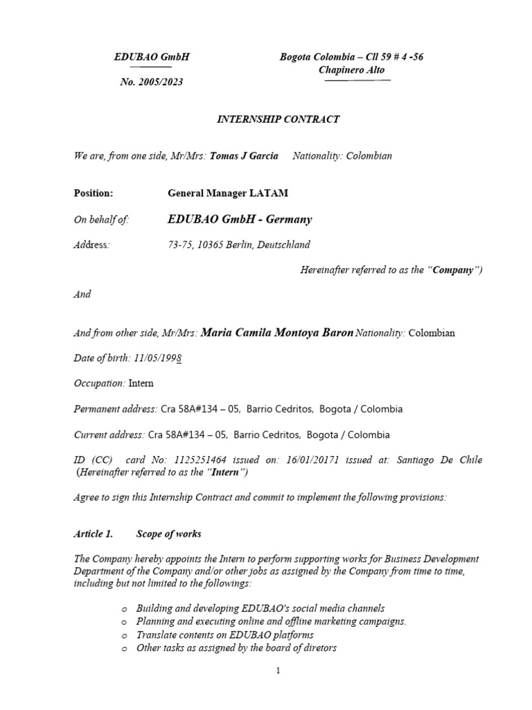 Internship Contract for Camila Montoya | PDF | Confidentiality | Justice