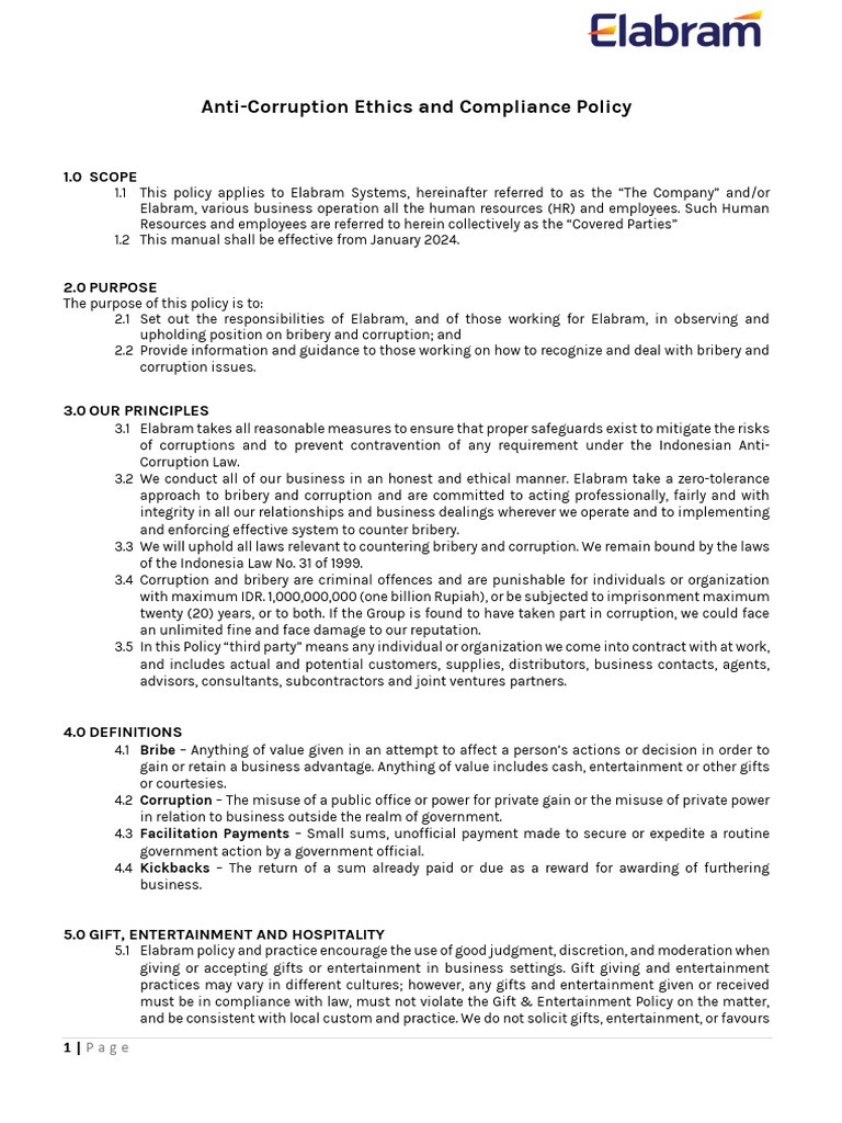 Anti-Corruption Ethics and Compliance Policy | PDF | Bribery | Corruption