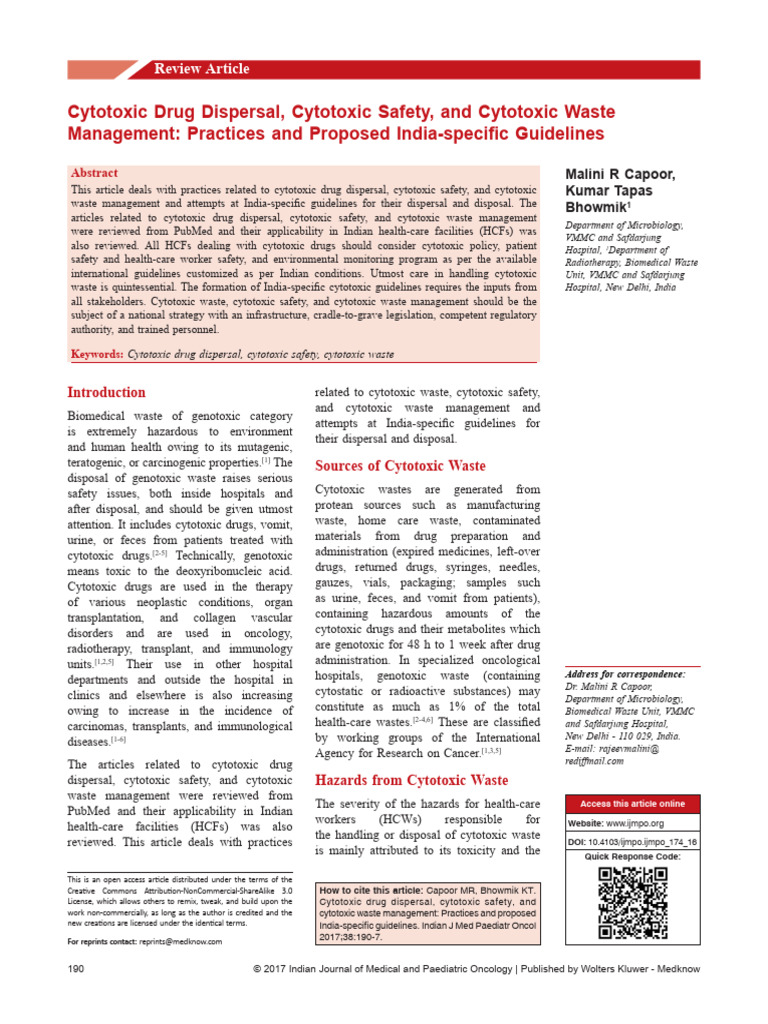 Cytotoxic Waste Management Guidelines | PDF | Chemotherapy | Personal ...
