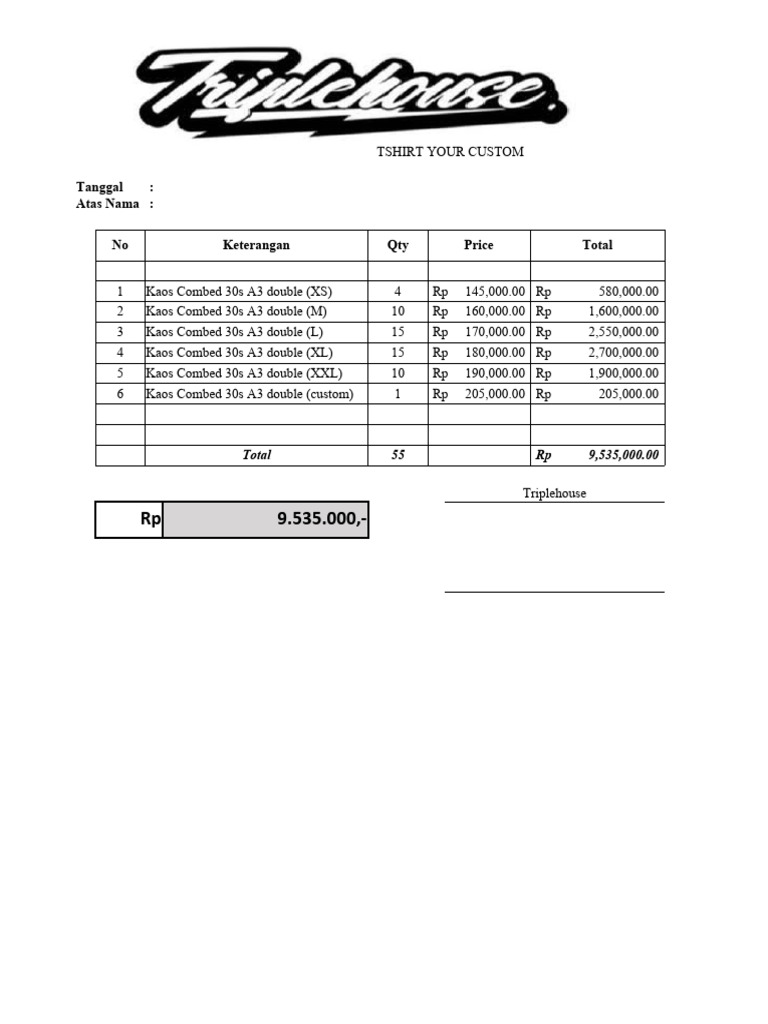 Nota Sablon Kaos Custom TSHIRT | PDF