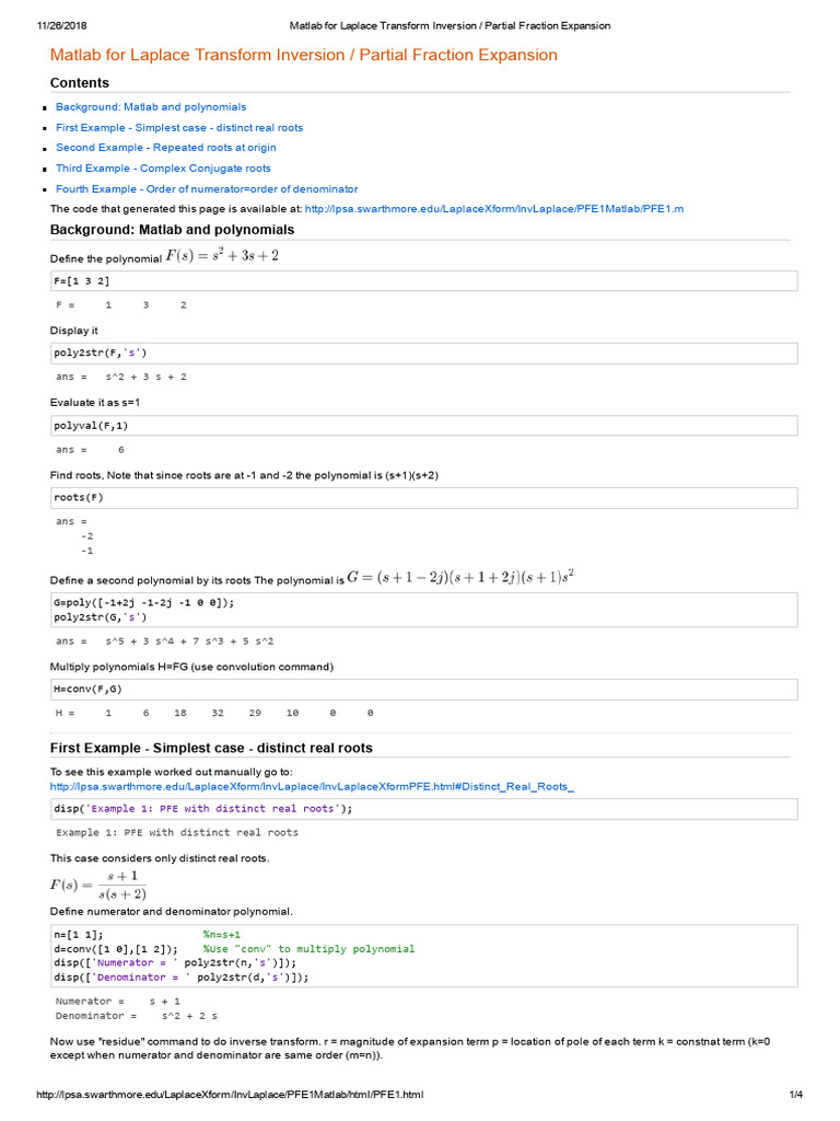 Matlab For Laplace Transform Inversion - Partial Fraction Expansion | PDF | Arithmetic | Applied ...