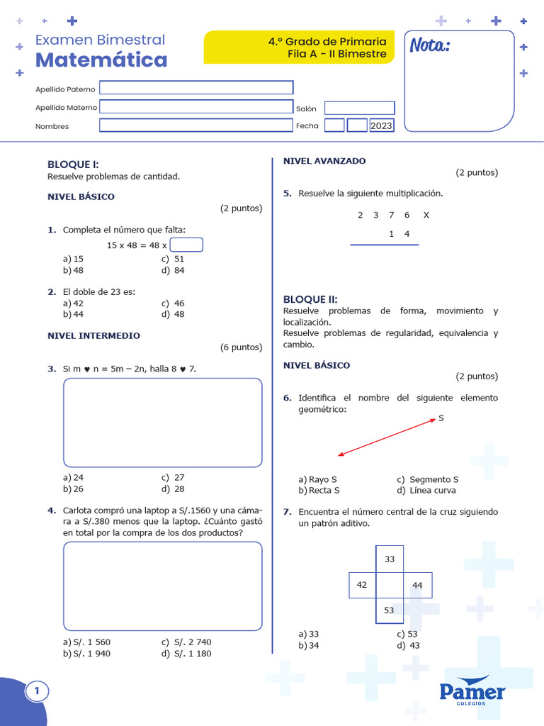 2023 - Iibim - Eb - 4°grado - Fila A - Mat | PDF | Matemáticas | Geometría