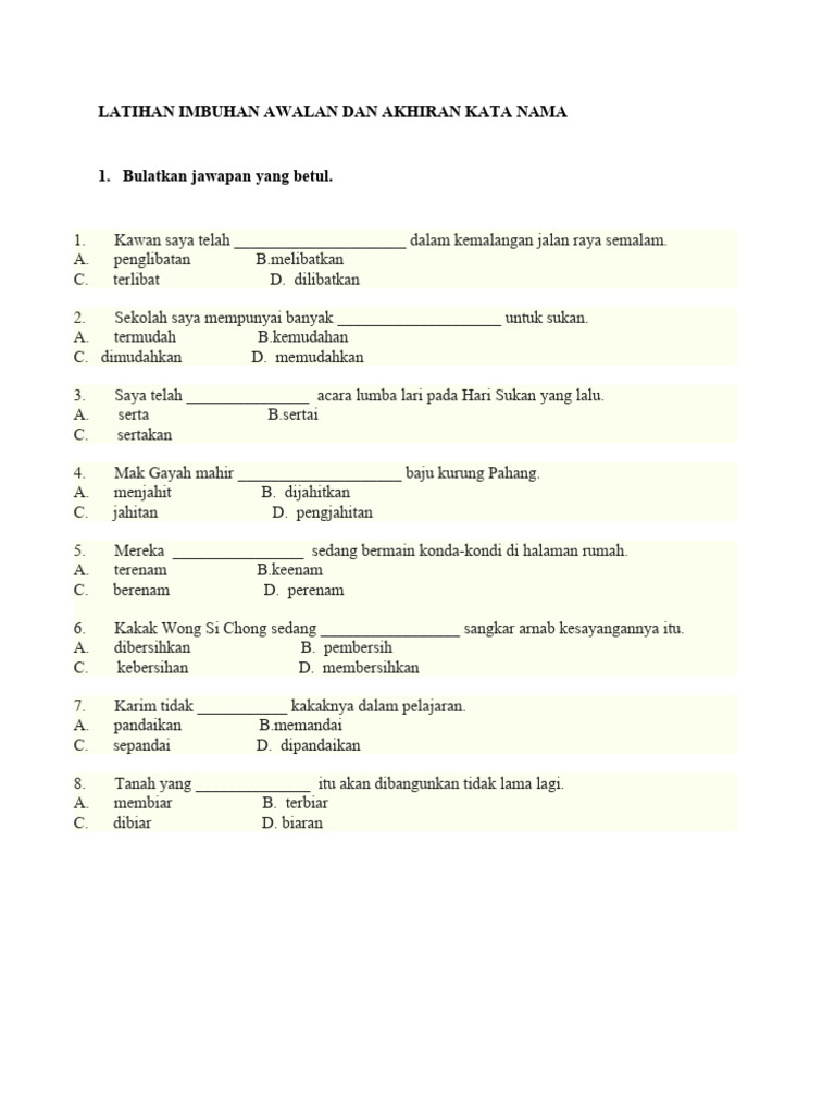LATIHAN IMBUHAN AWALAN DAN AKHIRAN KATA NAMA | PDF