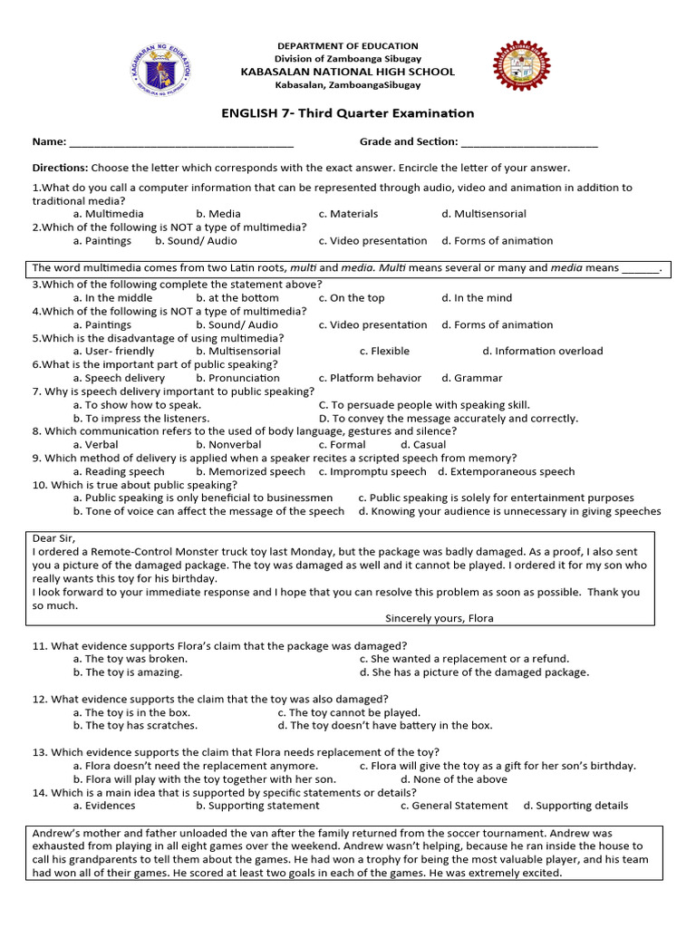 English 7 Quarter 3 Examination | PDF | Communication | Gesture