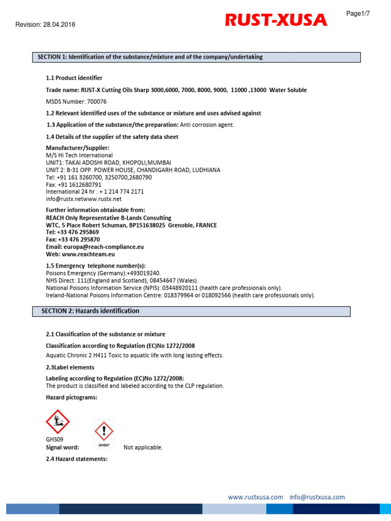 RUST-X Cutting Oils Safety Data Sheet | PDF | Dangerous Goods | Toxicity
