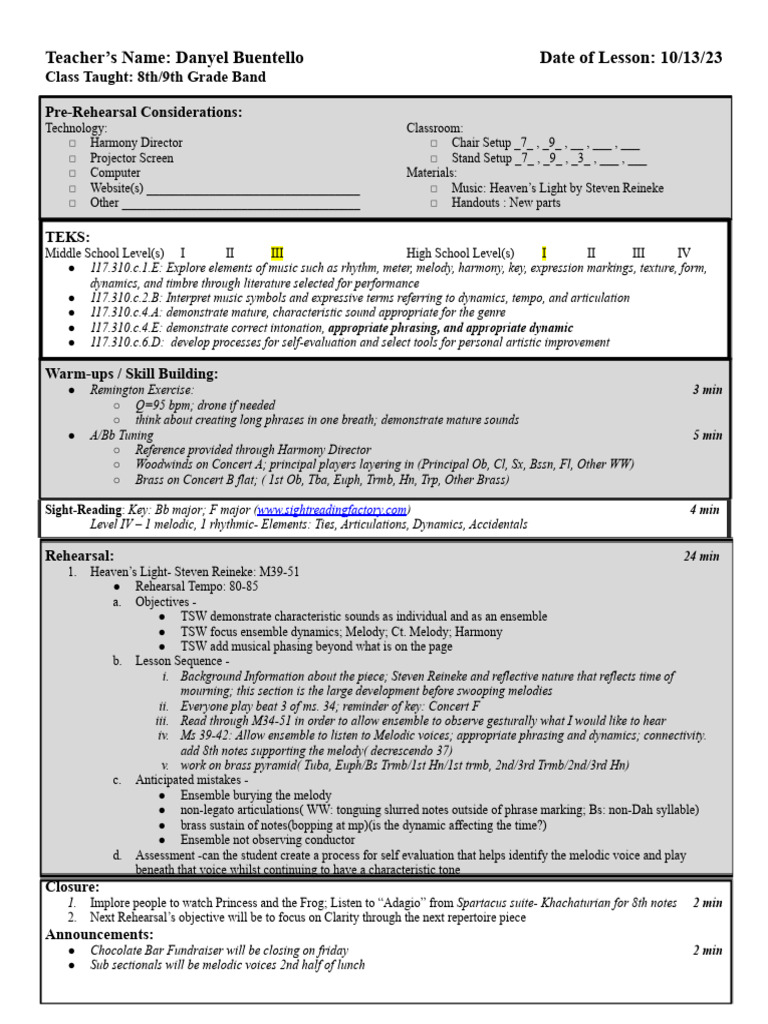 8th/9th Grade Band Lesson Plan | PDF | Musicology | Music Theory
